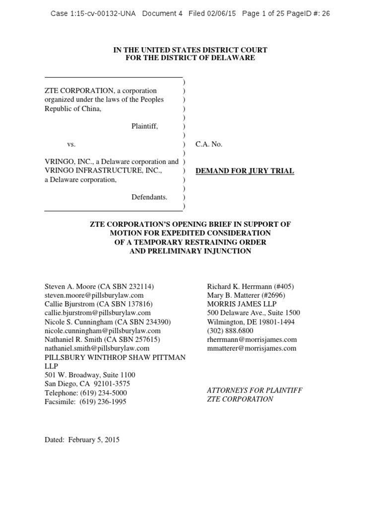 2015.02.06 Opening Brief in Support of Motion For TRO and PI | PDF | Injunction | Intellectual Works