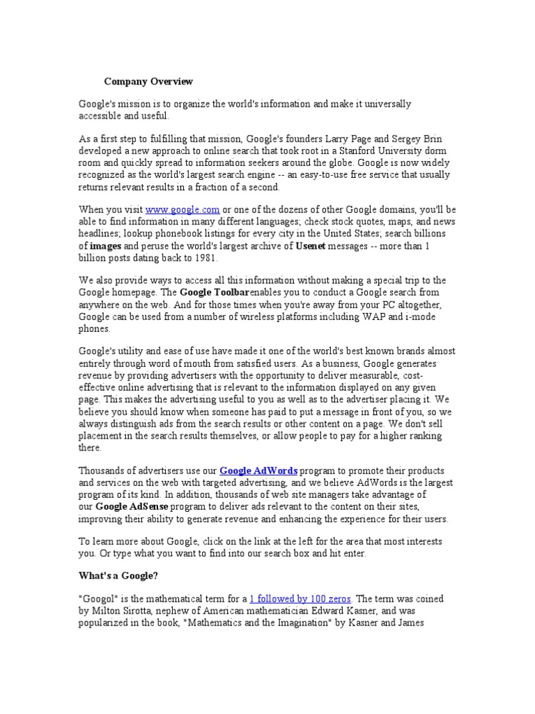 Google Company Overview | PDF | Gmail | Web Search Engine