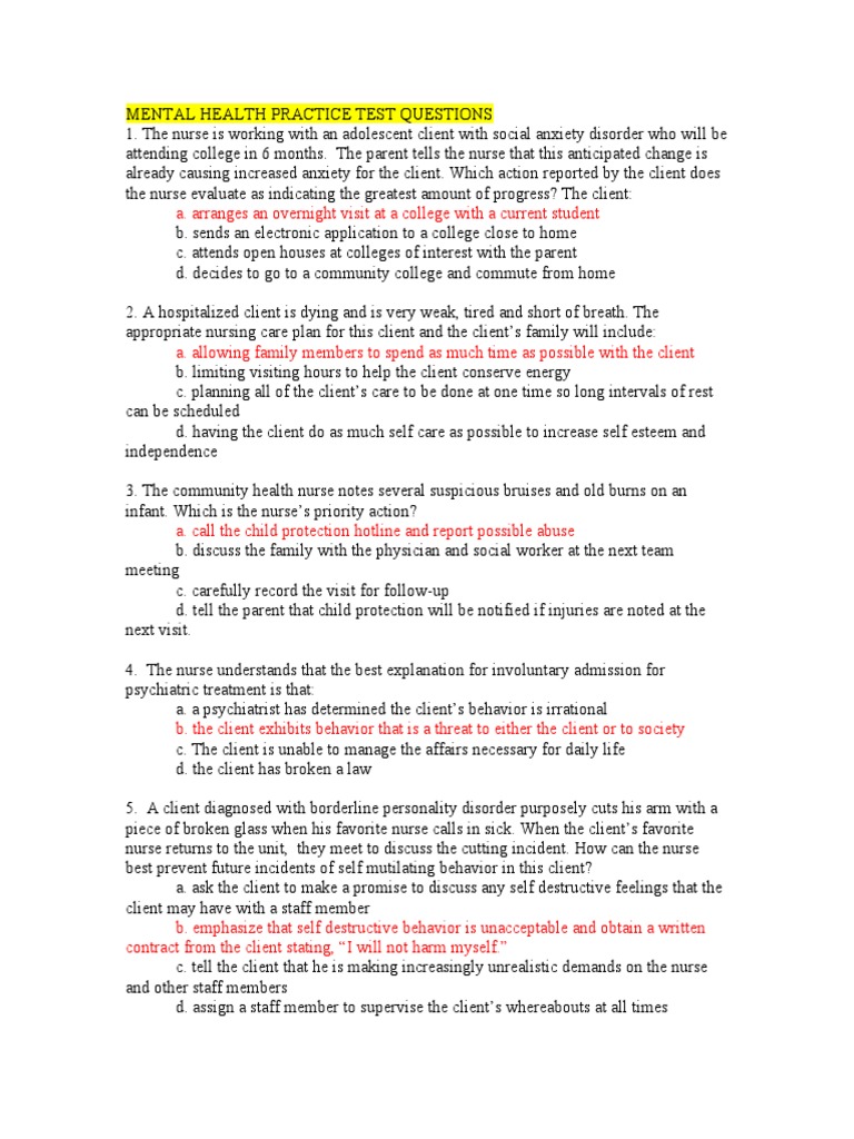 Mental Health Practice Test Questions | PDF | Psychiatry | Psychotherapy