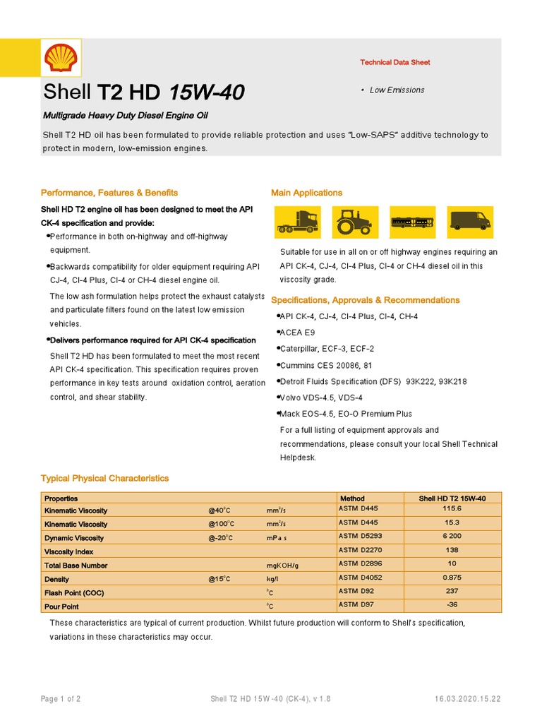 Shell T2 HD 15W-40 | PDF | Motor Oil | Chemistry