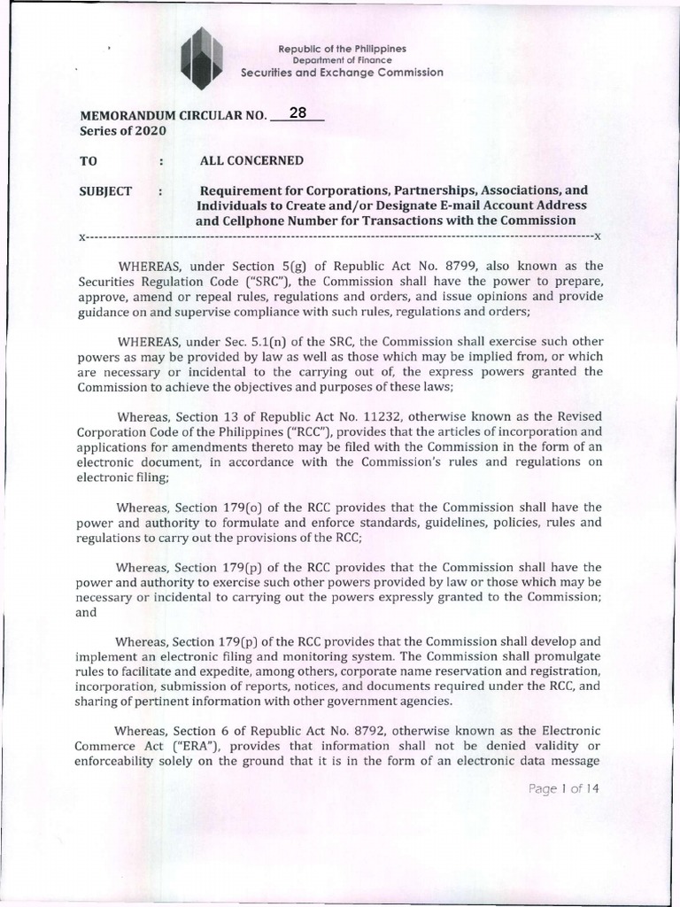 SEC Memorandum Circular No. 28, Series of 2020 | PDF | U.S. Securities And Exchange Commission ...