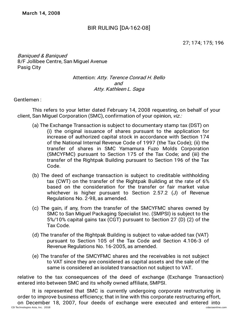 BIR Ruling DA-162-08 (DST On Issuance of Shares, Suspensive Condition ...