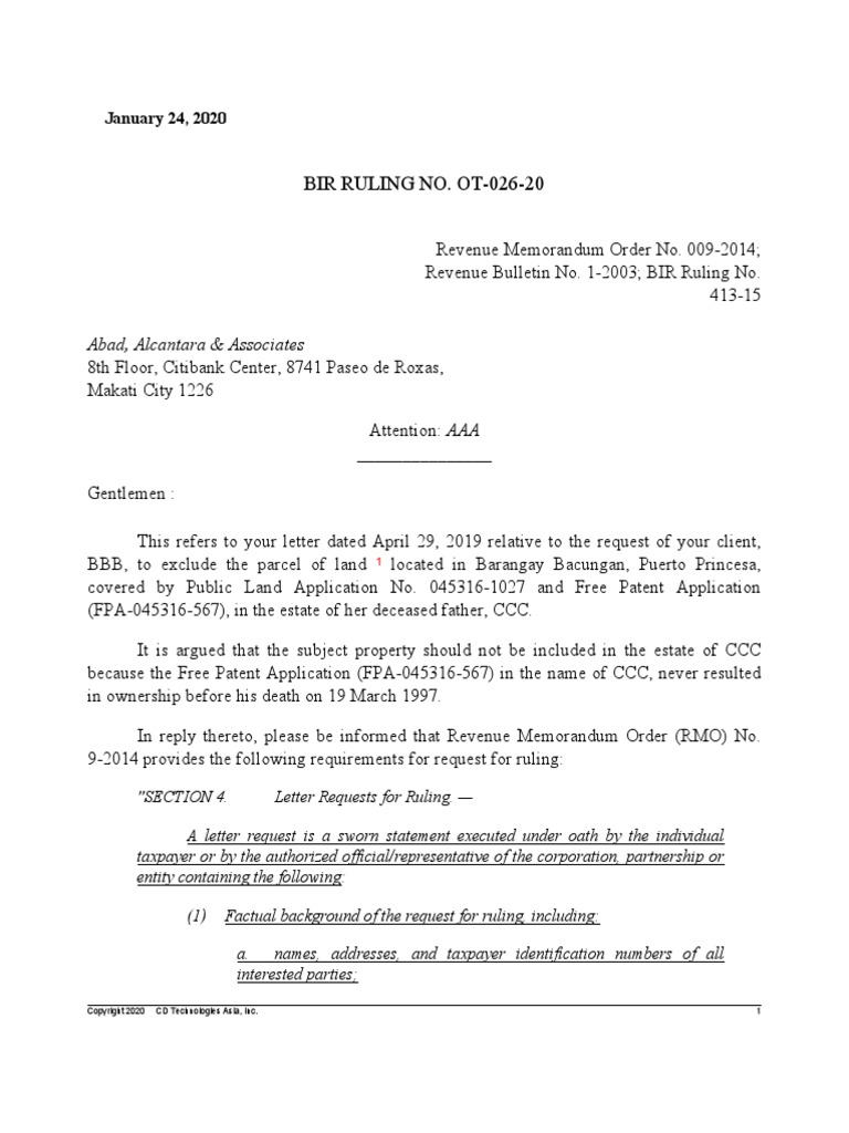 BIR Ruling No. OT-026-20 (RMO 9-14) | PDF | Taxpayer | Justice