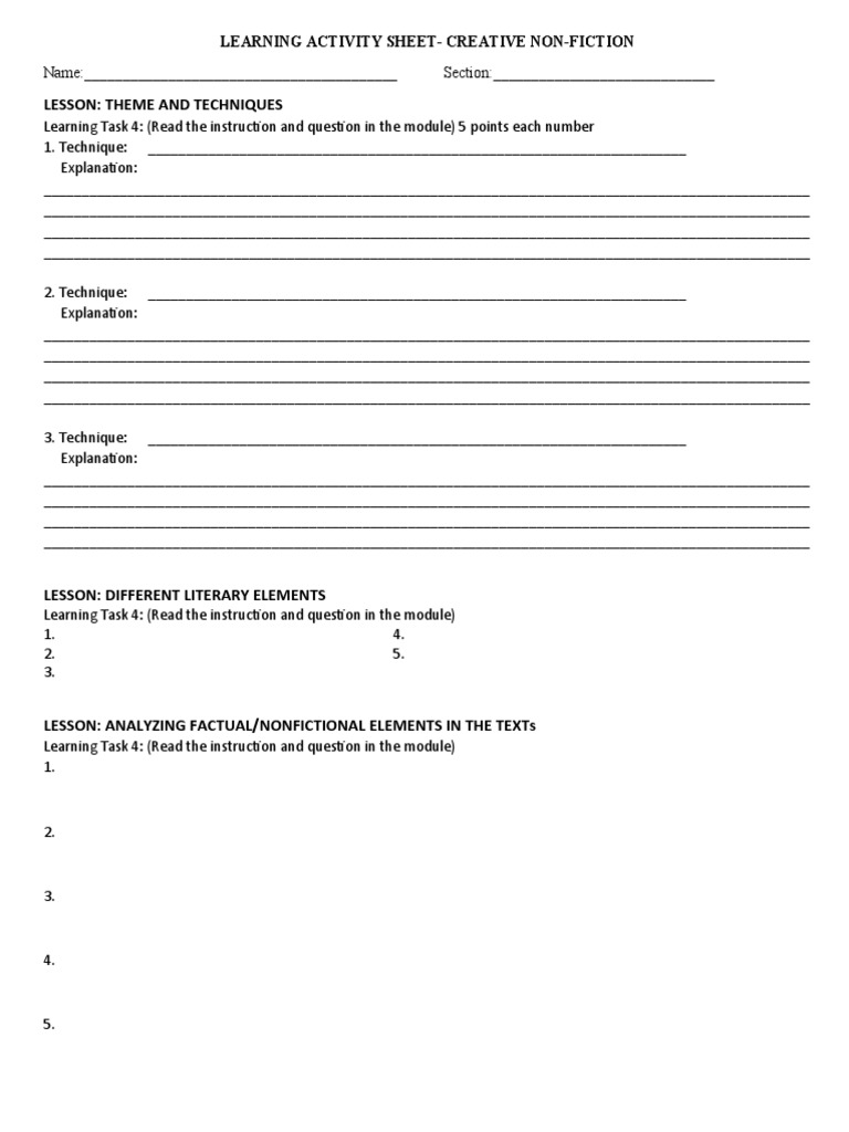 Lesson: Theme and Techniques: Learning Activity Sheet-Creative Non ...