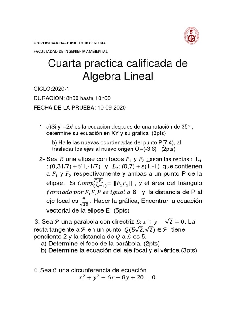 Cuarta Practica Calificada de Algebra Lineal | PDF