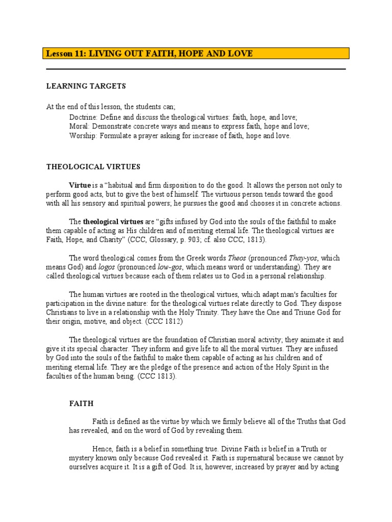 Lesson 11: Living Out Faith, Hope and Love: Learning Targets | PDF ...