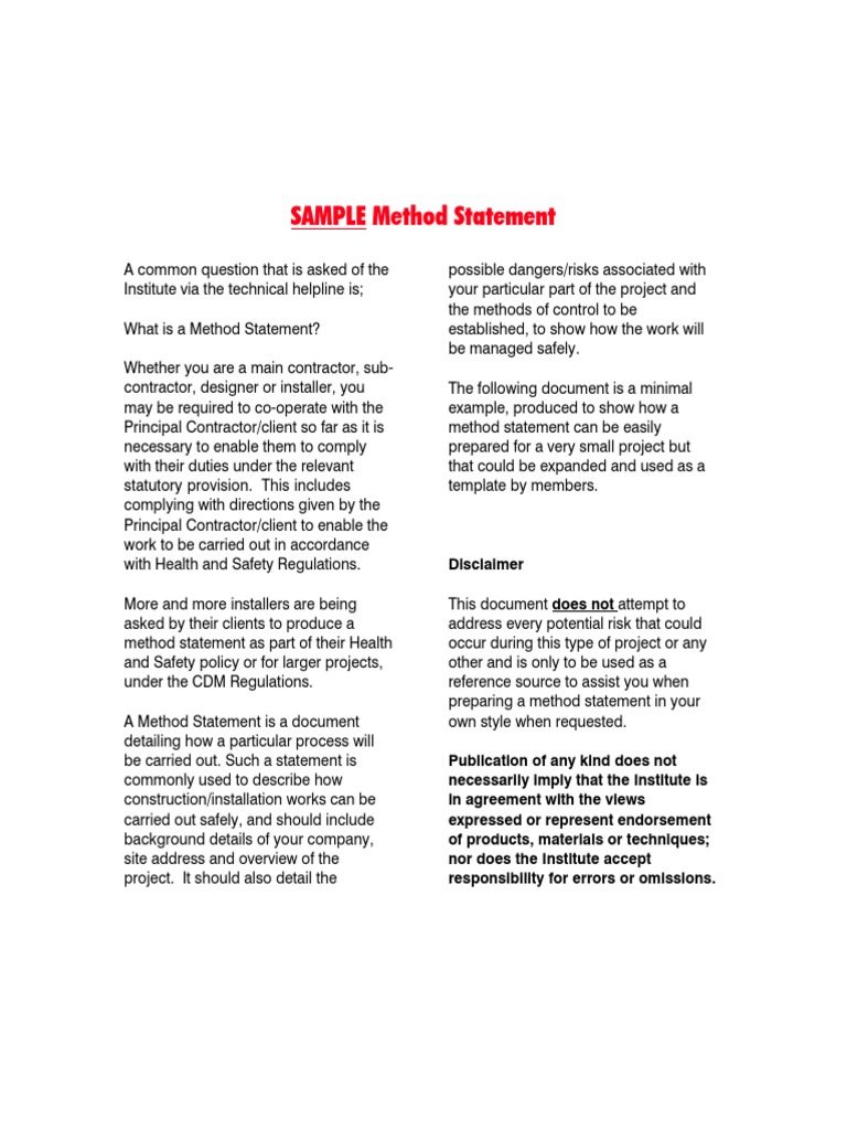 Method Statement Sample | PDF | Safety