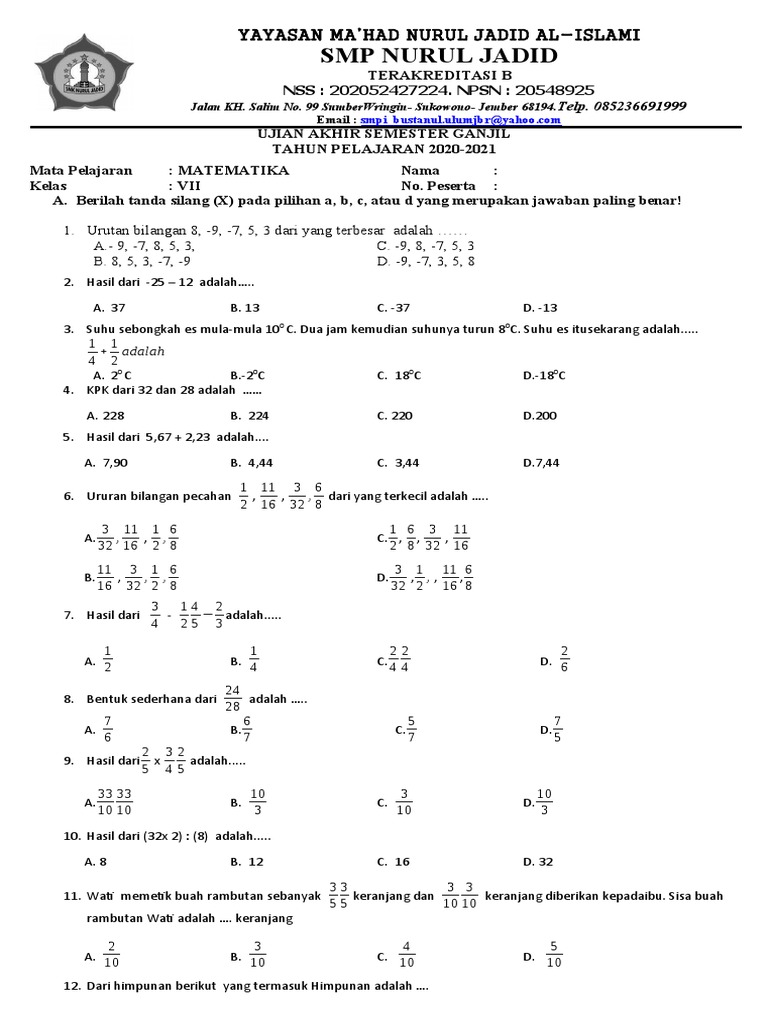 Soal Uas MTK Ganjil Kelas Vii | PDF