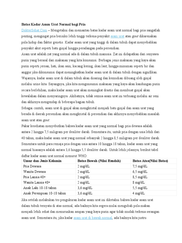 Batas Kadar Asam Urat Normal Bagi Pria | PDF