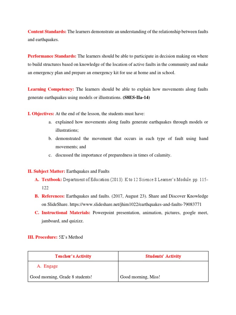 Lesson Plan 5es | PDF | Fault (Geology) | Earthquakes