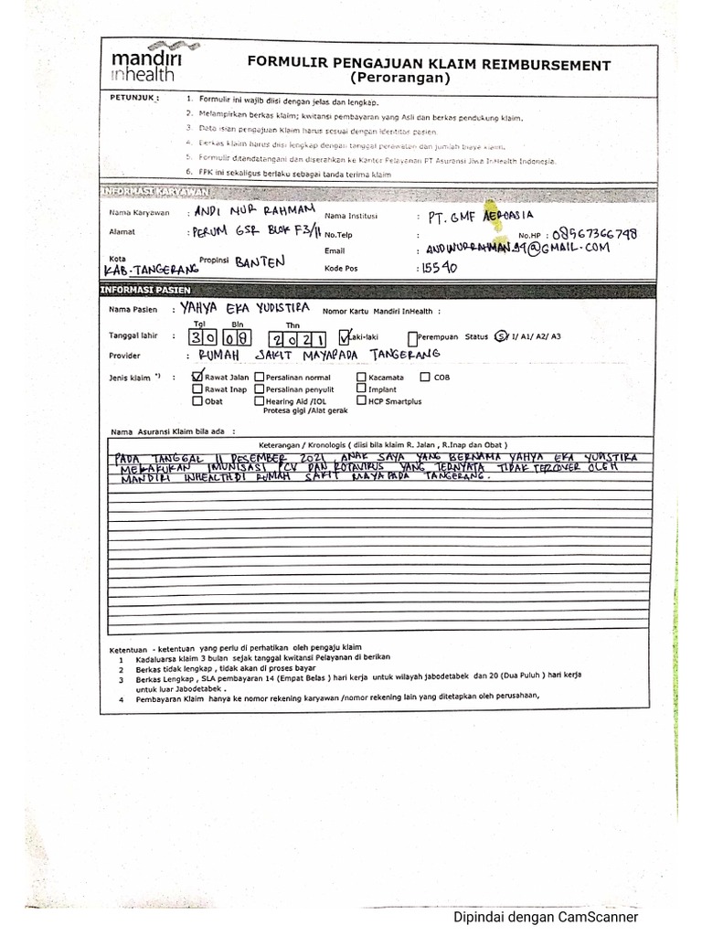 Form Reimbursement Mandiri Inhealth | PDF