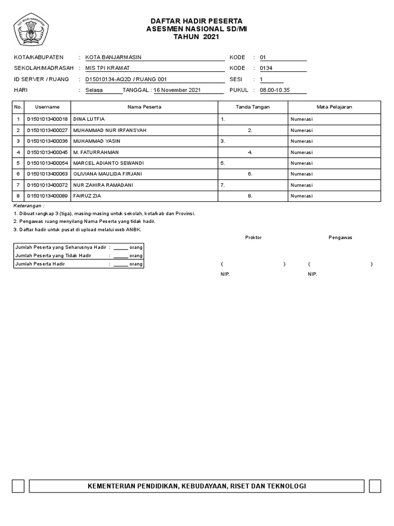 Daftar Hadir ANBK | PDF