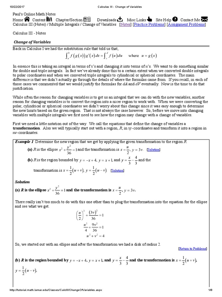 Calculus III - Change of Variables | PDF | Integral | Equations