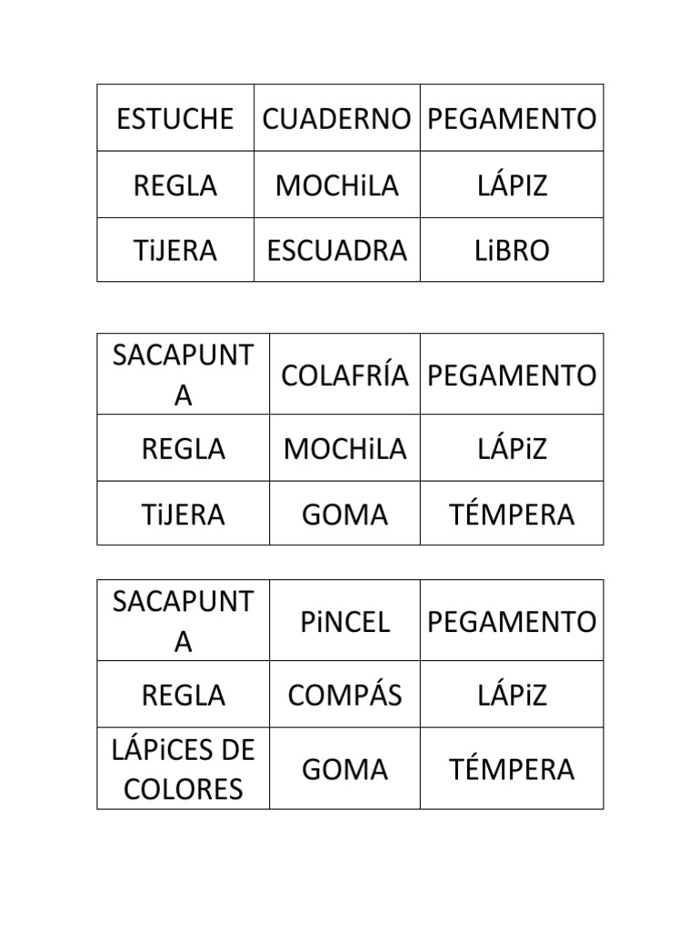 Bingo de Útiles Escolares | PDF