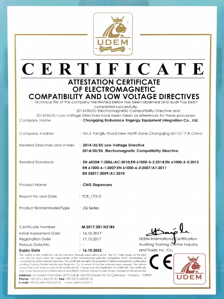 Endurance CNG Dispenser CE Certificate | PDF