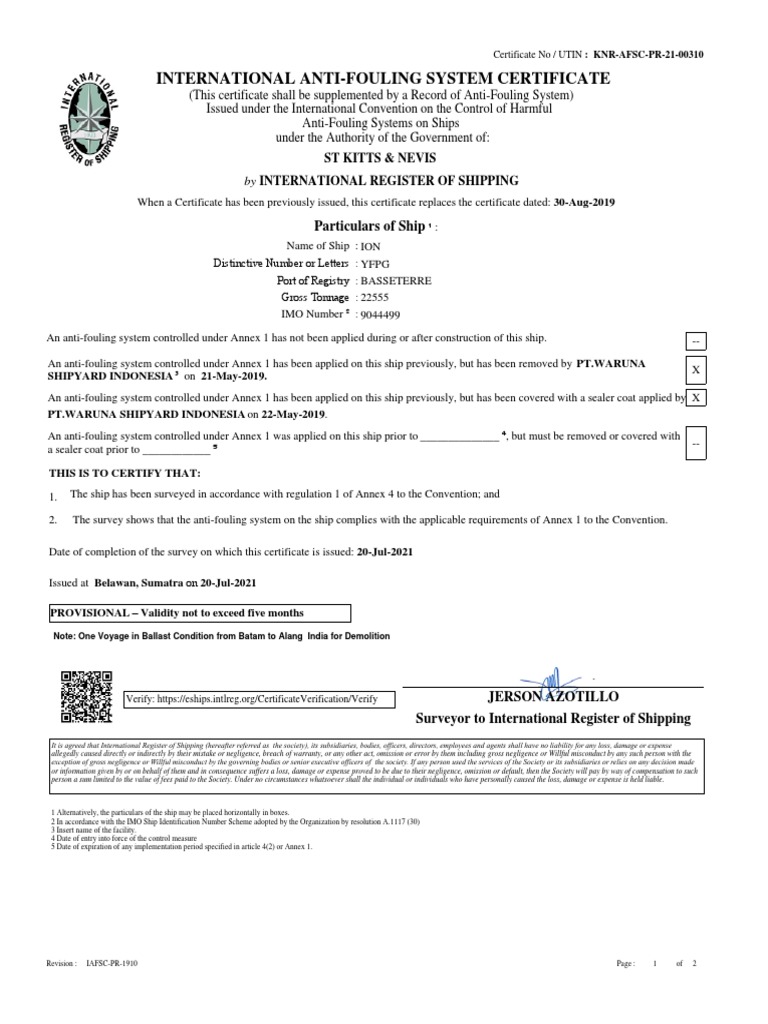 International Anti-Fouling System Certificate: Particulars of Ship ...