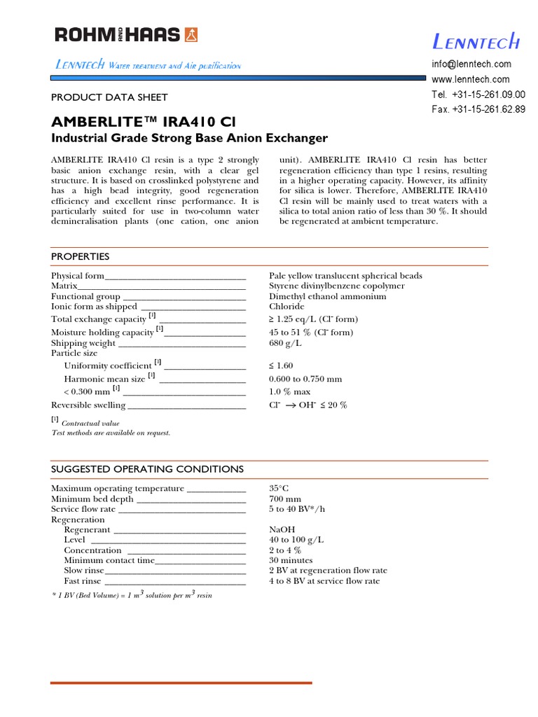 Amberlite Ira 410 CL L Anion Specs | PDF | Chlorine | Ion Exchange