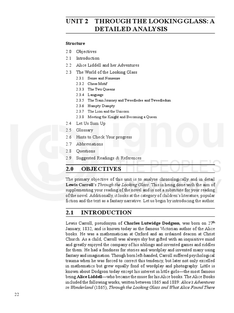 Unit 2 Through The Looking Glass: A Detailed Analysis: 2.0 Objectives ...