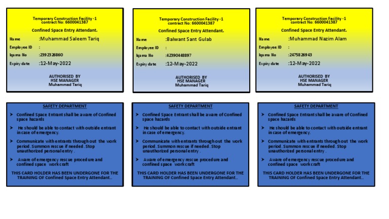 Confined Space Entry Attendant Card | PDF | Emergency Management ...