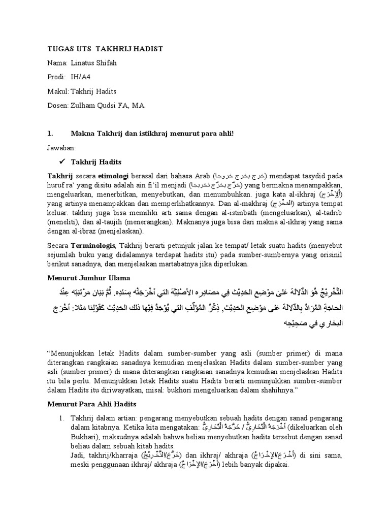 TUGAS UTS TAKHRIJ HADIST Pak Zulham | PDF