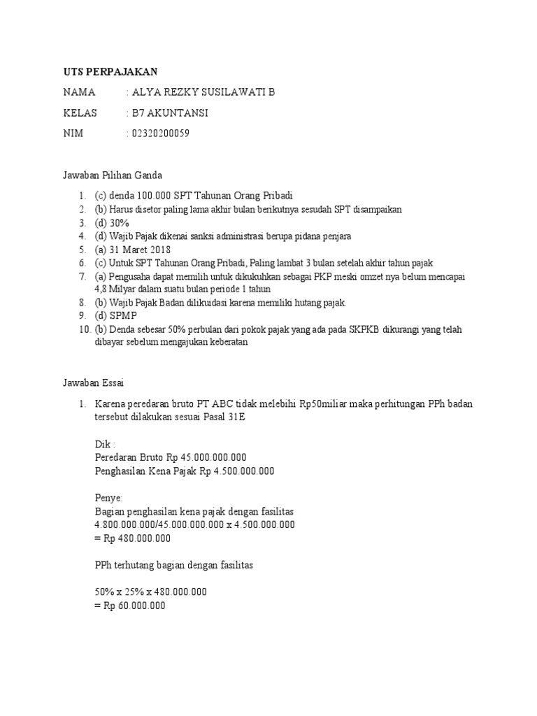 Uts - Perpajakan - 02320200059 - Alya Rezky Susilawati B | PDF