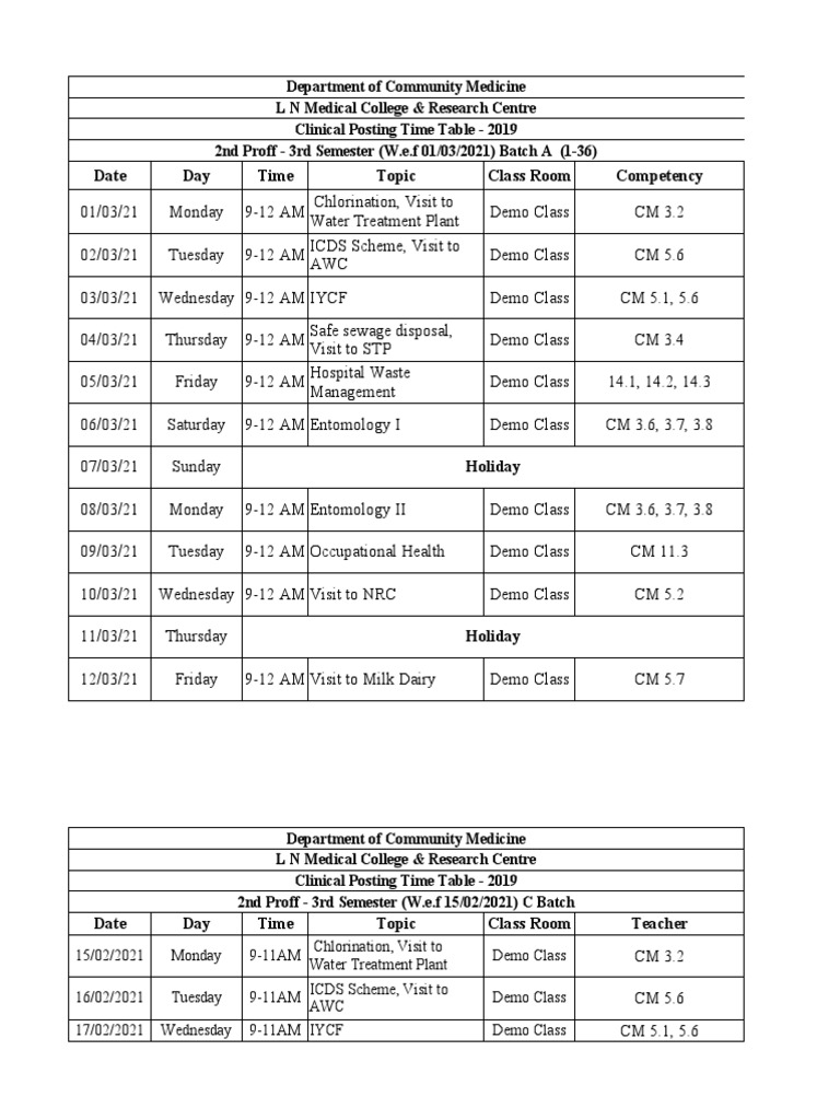 Clinical Posting Time Table 2019 (R) | PDF