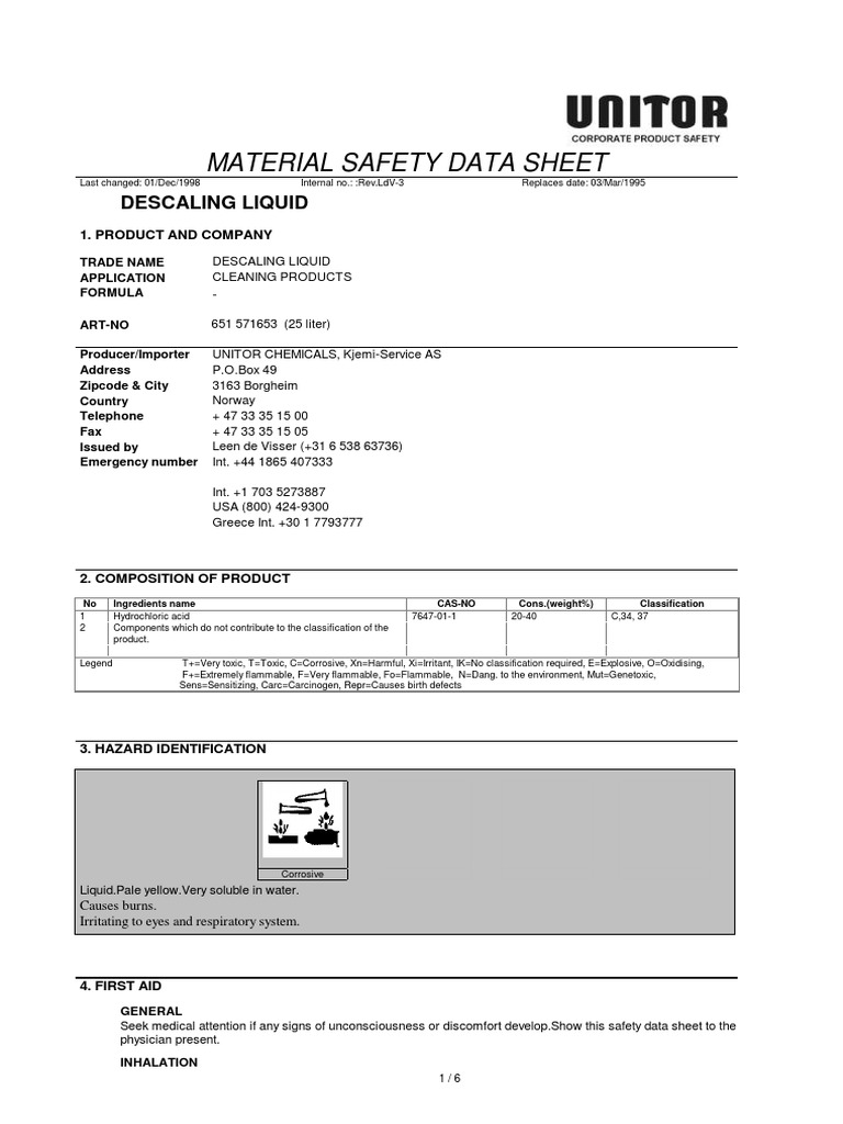 Material Safety Data Sheet: Descaling Liquid | PDF | Firefighting | Water