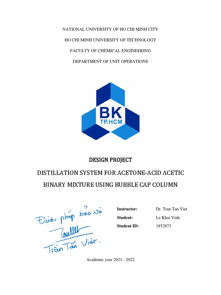 Design of a Bubble Cap Distillation Column for Separating an Acetone ...