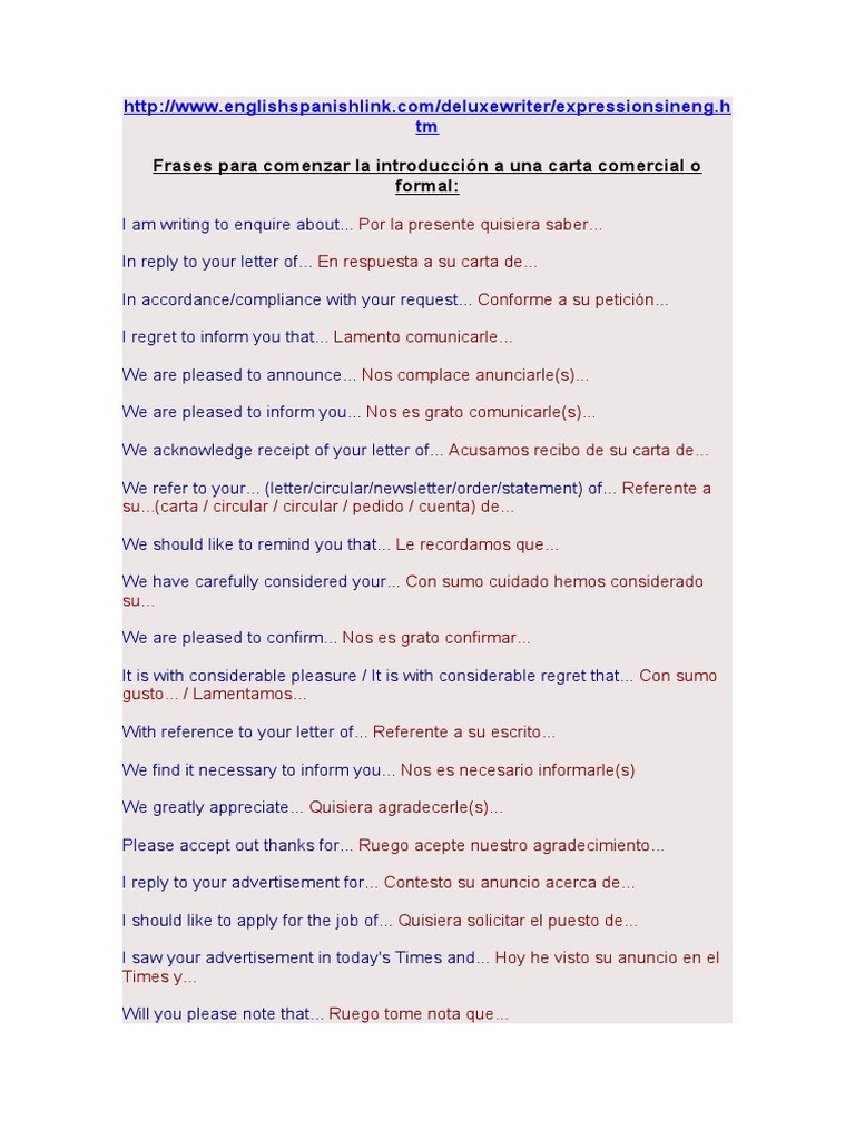 Frases para Comenzar La Introducción A Una Carta Comercial o Formal | PDF