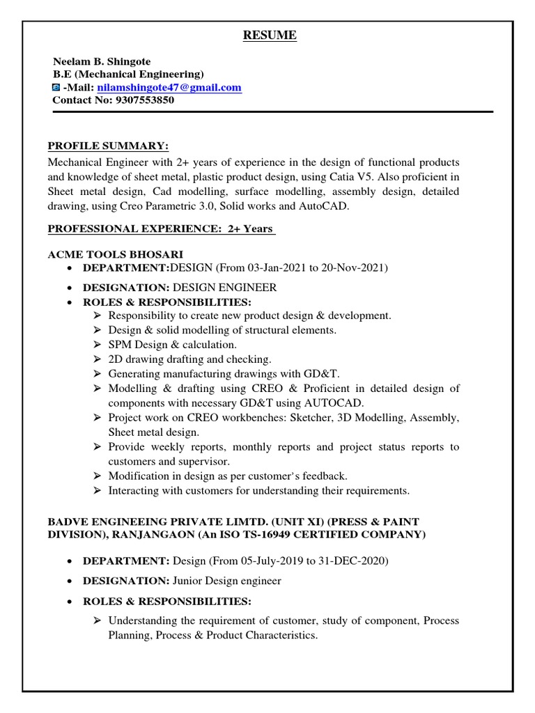 Resume Neelam Shingote | PDF | Computer Aided Design | Sheet Metal