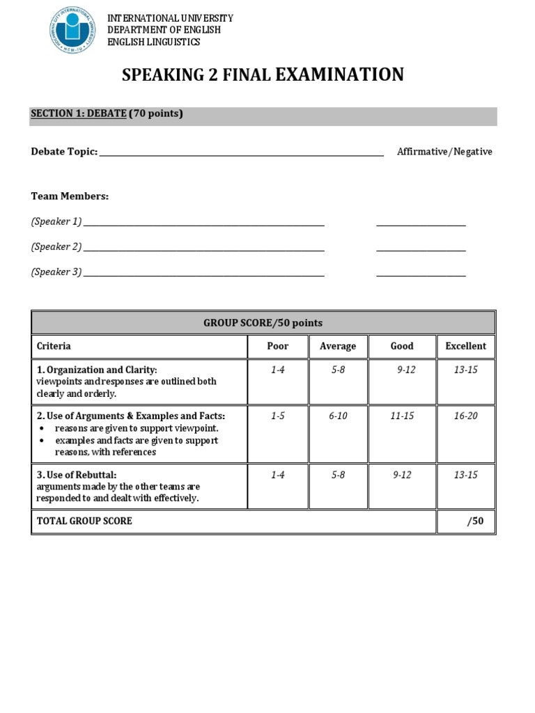 Speaking 2 Final Exam Online Scoring Sheet 2021 | PDF | English ...