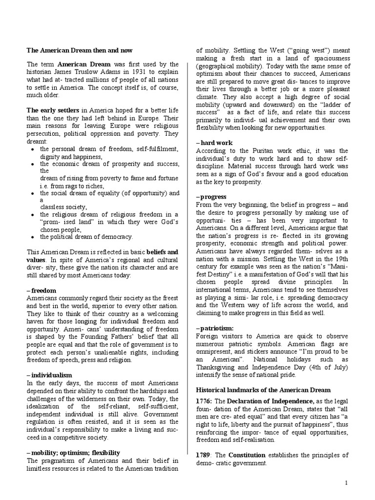 American Dream Handout | PDF | The United States | American Dream