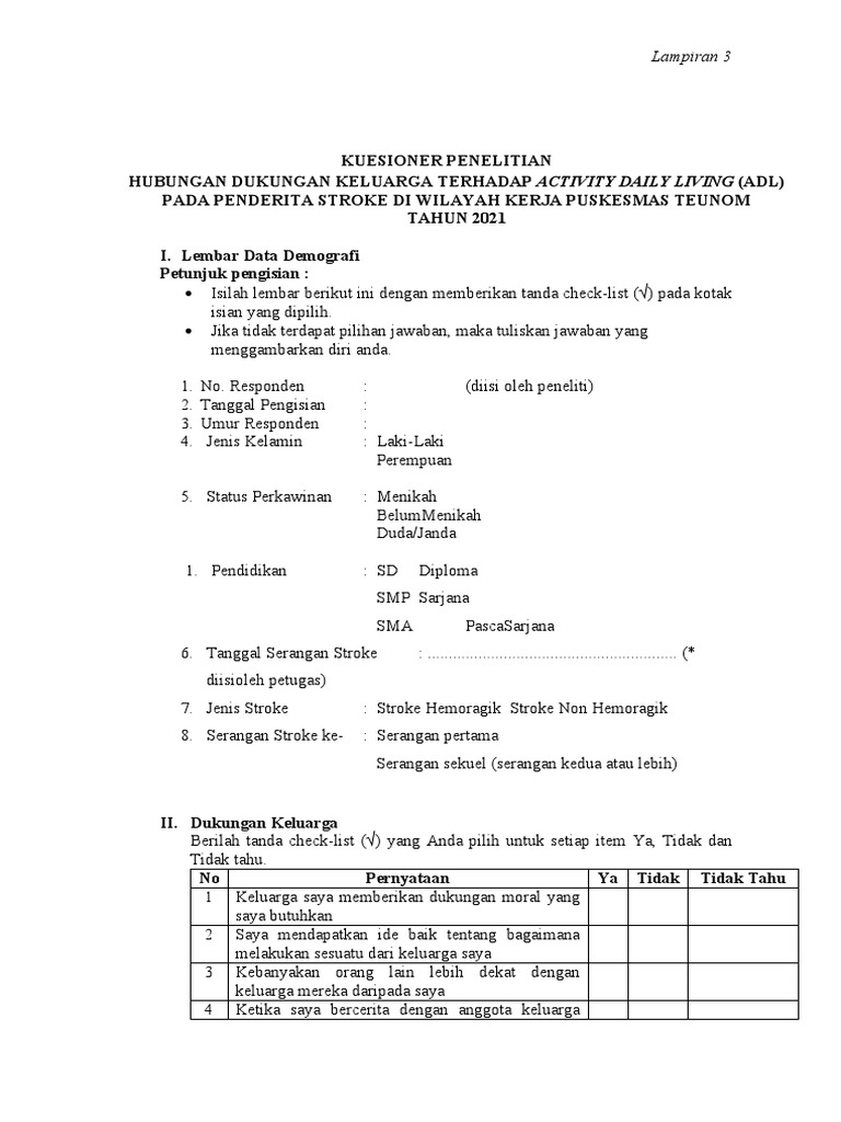 Kuesioner Penelitian Hubungan Dukungan Keluarga terhadap Activity Daily Living pada Penderita ...