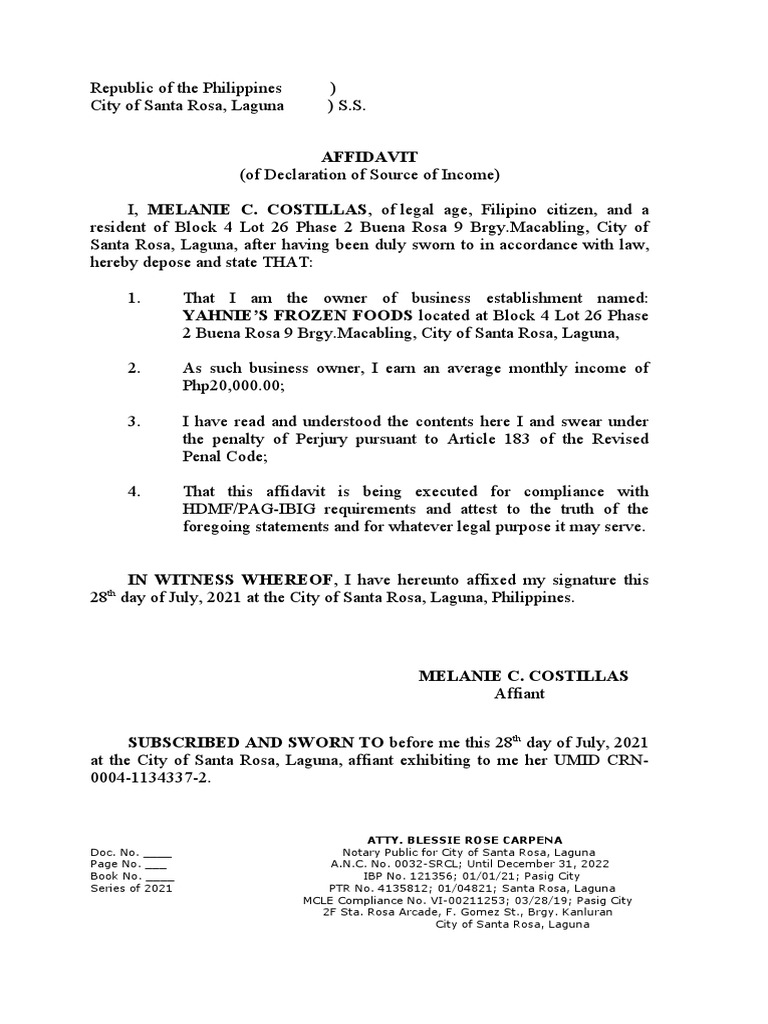 Affidavit of Income PAG-IBIG | PDF