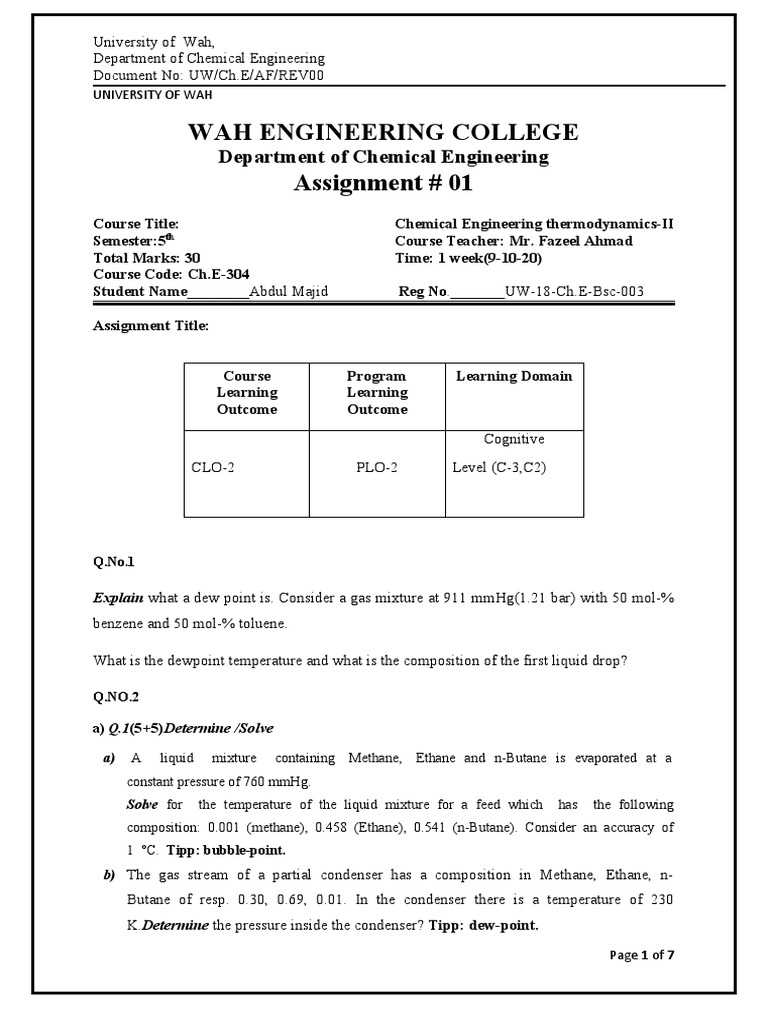 Assignment 1 (PLO-2, CLO-2) | PDF | Gases | Continuum Mechanics