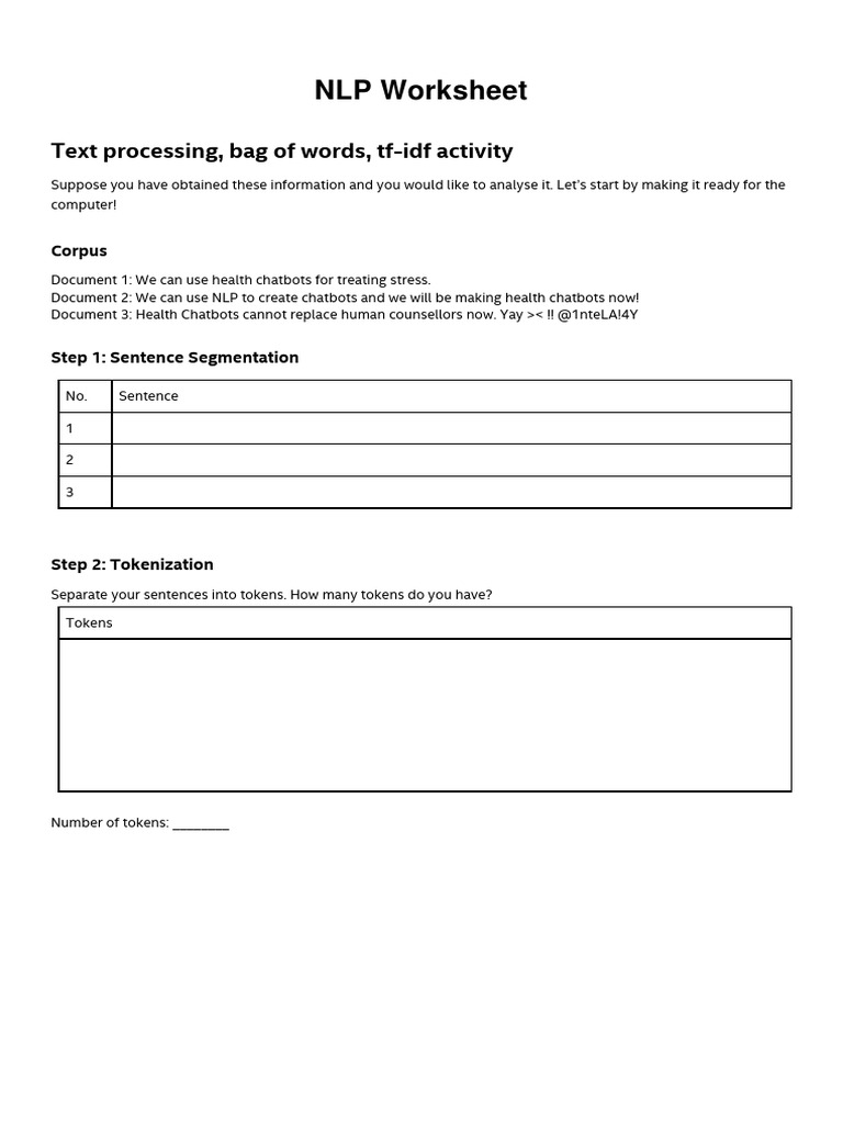 NLP Worksheet: Text Processing, Bag of Words, Tf-Idf Activity | PDF ...