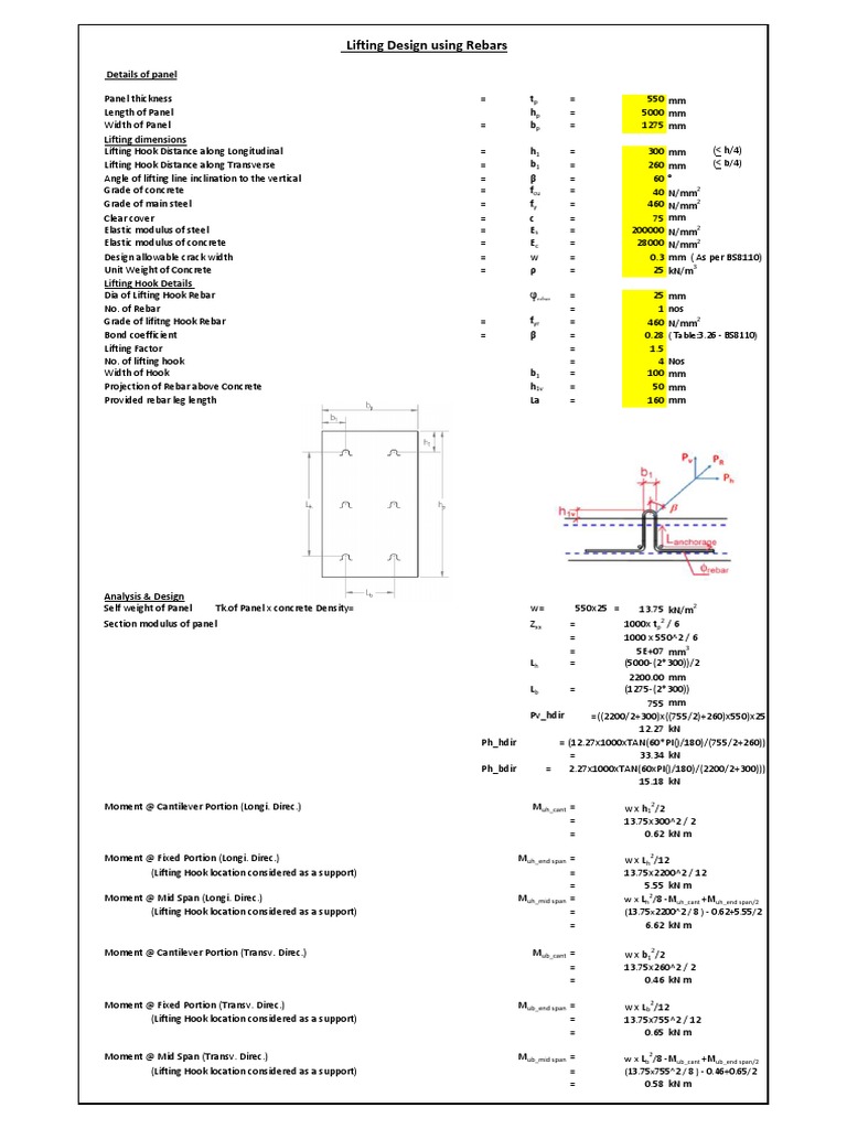 Lifting Design Using Rebars: Details of Panel | PDF | Bending ...