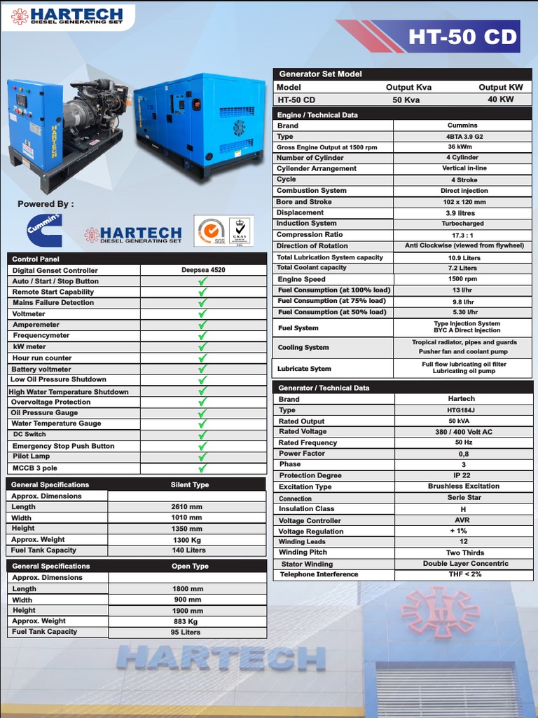 Specification Sheet for 50 KVA Cummins Diesel Generator Set Model HT-50 ...