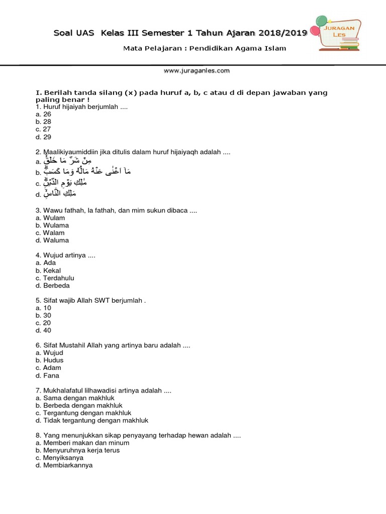Soal UAS PAI Kelas 3 Semester 1 Terbaru Tahun Ajaran 2018-2019 | PDF