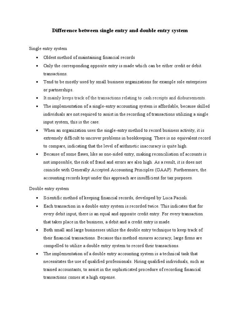 Difference Between Single Entry and Double Entry System | PDF