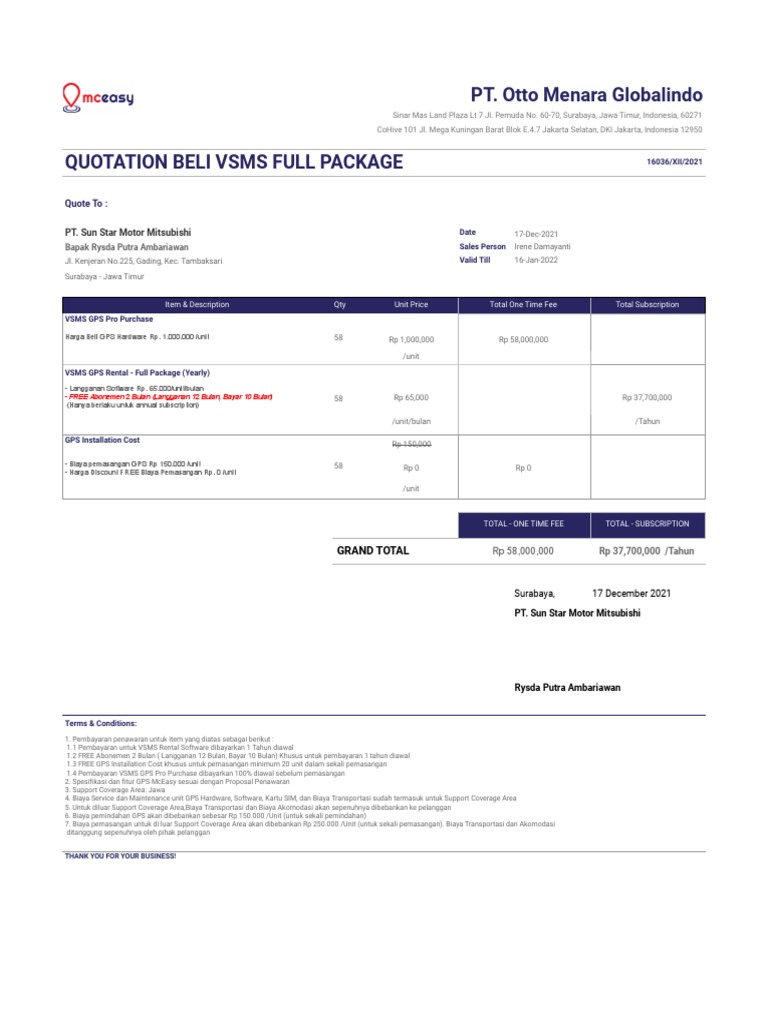 Quotation PT SUN STAR MOTOR SURABAYA | PDF