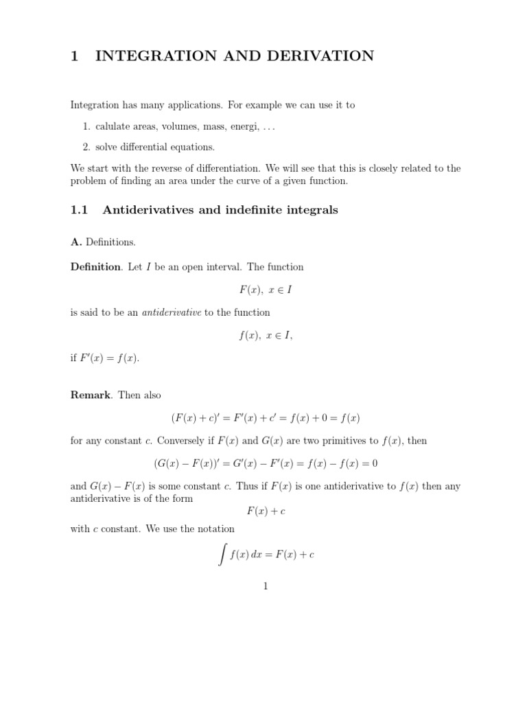 1 Integration and Derivation: 1.1 Antiderivatives and Indefinite Integrals | PDF | Integral ...