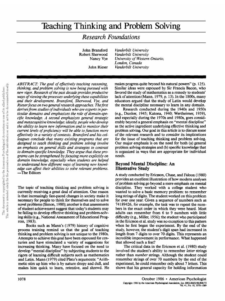 Teaching Thinking and Problem Solving | PDF | Memory | Thought