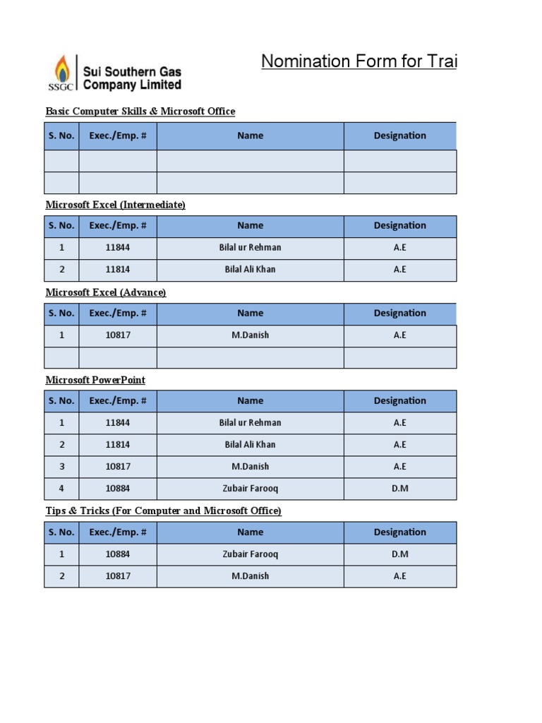 Nomination Form For Computer Training-LNG | PDF