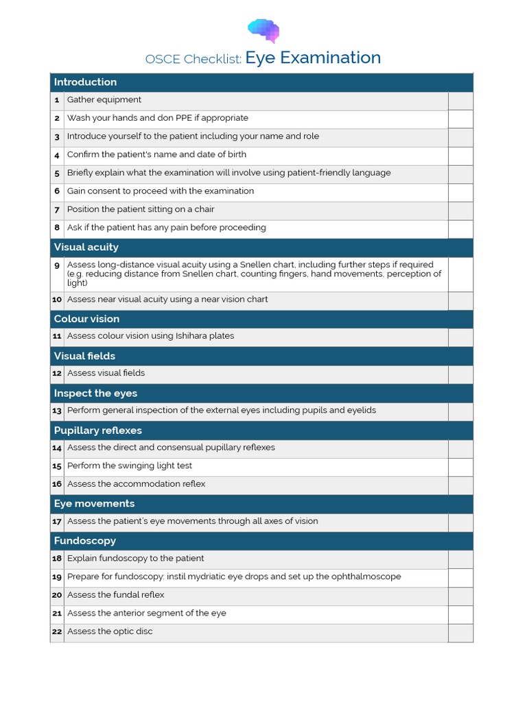 Eye Examination: OSCE Checklist | PDF | Clinical Medicine | Eye