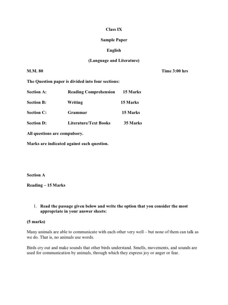 Class 9 English Grammar Sample Paper | PDF | Mouth | Emotions