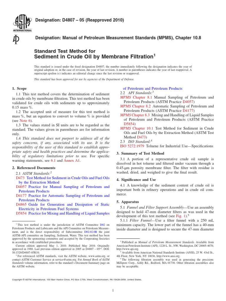 ASTM D 4807 Sediment in Crude Oil by Membrane Filtration1 | PDF ...