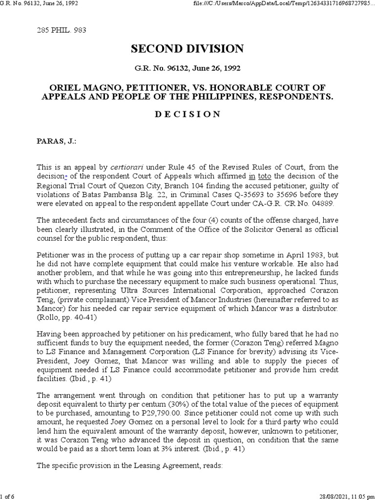 Magno vs. CA, G.R. No. 96132, 26 June 1992 | PDF | Lease | Banks