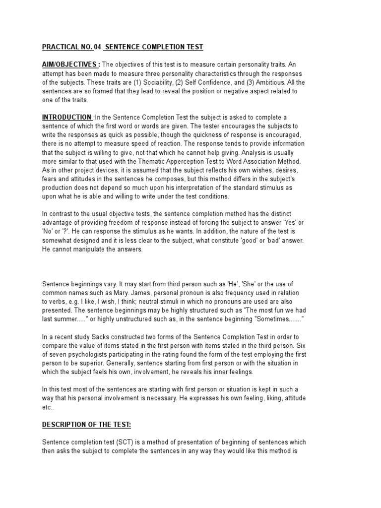 Practical No. 04 Sentence Completion Test AIM/OBJECTIVES: The ...