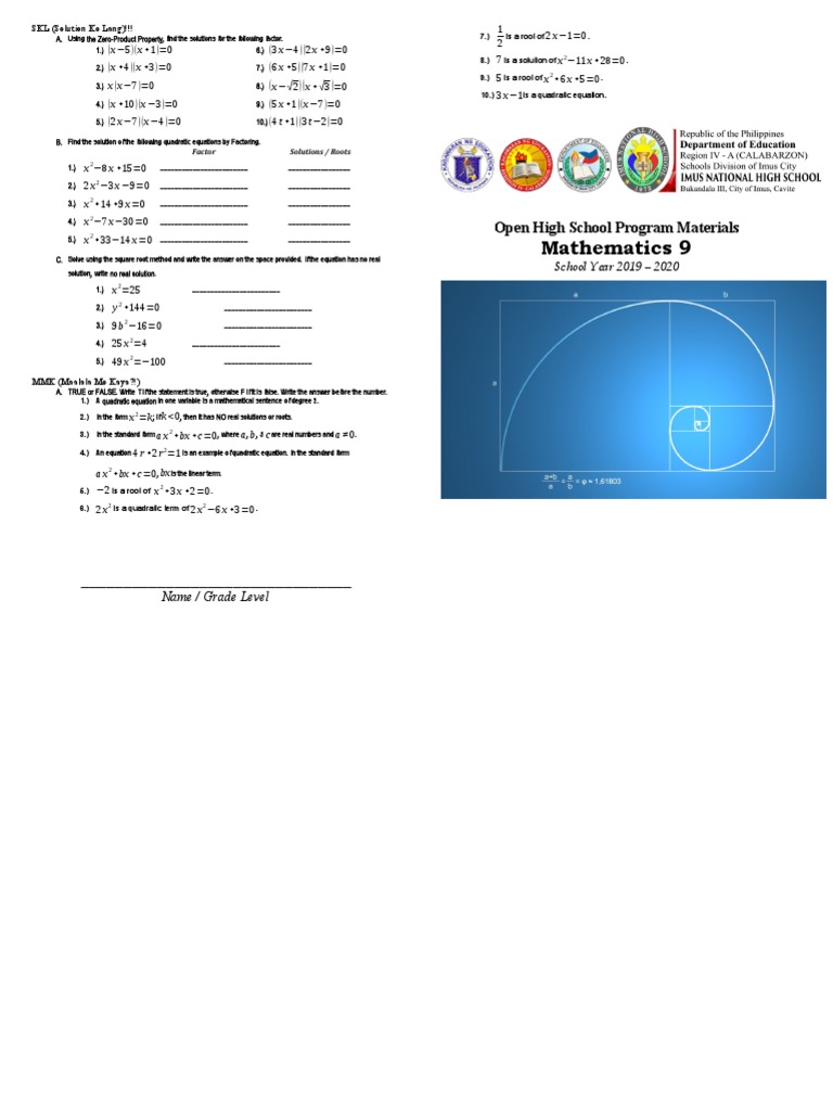 First Grading Module 1 Quadratic Equations Descargar Gratis Pdf